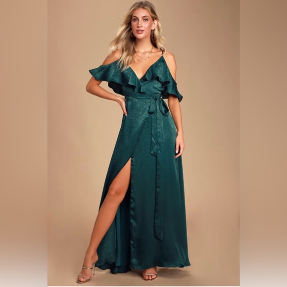 Dresses | Emerald Green Satin Wrap Maxi Dress | Poshmark